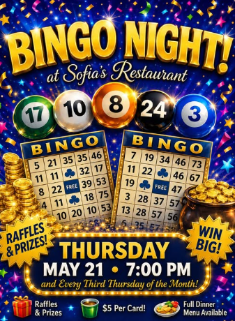 BINGO Night at Sofia's on Thursday Night 5/21